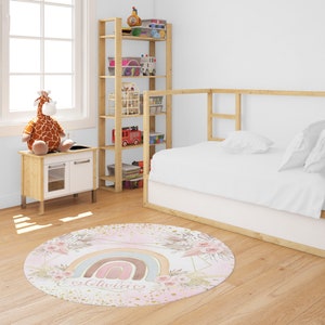 Boho Rainbow Round Rug, Personalized Floral Nursery Carpet, Spring Home ...