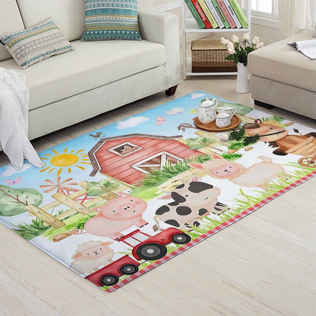 Farm Animal Friends Nursery Rug, Cow Pig Baby Boy Room Decor, Animal ...