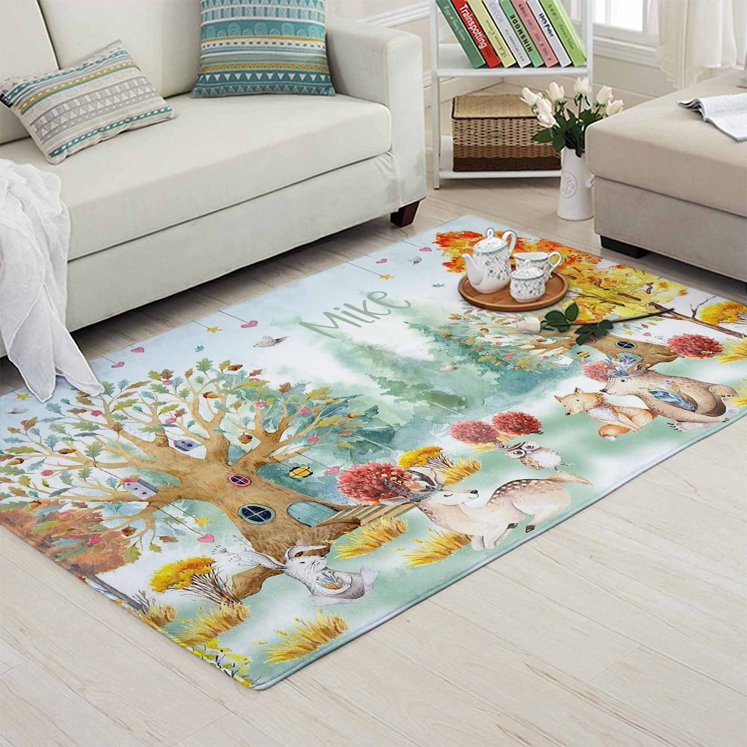 Woodland Animal Nursery Rug Forest Animals Carpet Custom Name Nursery ...