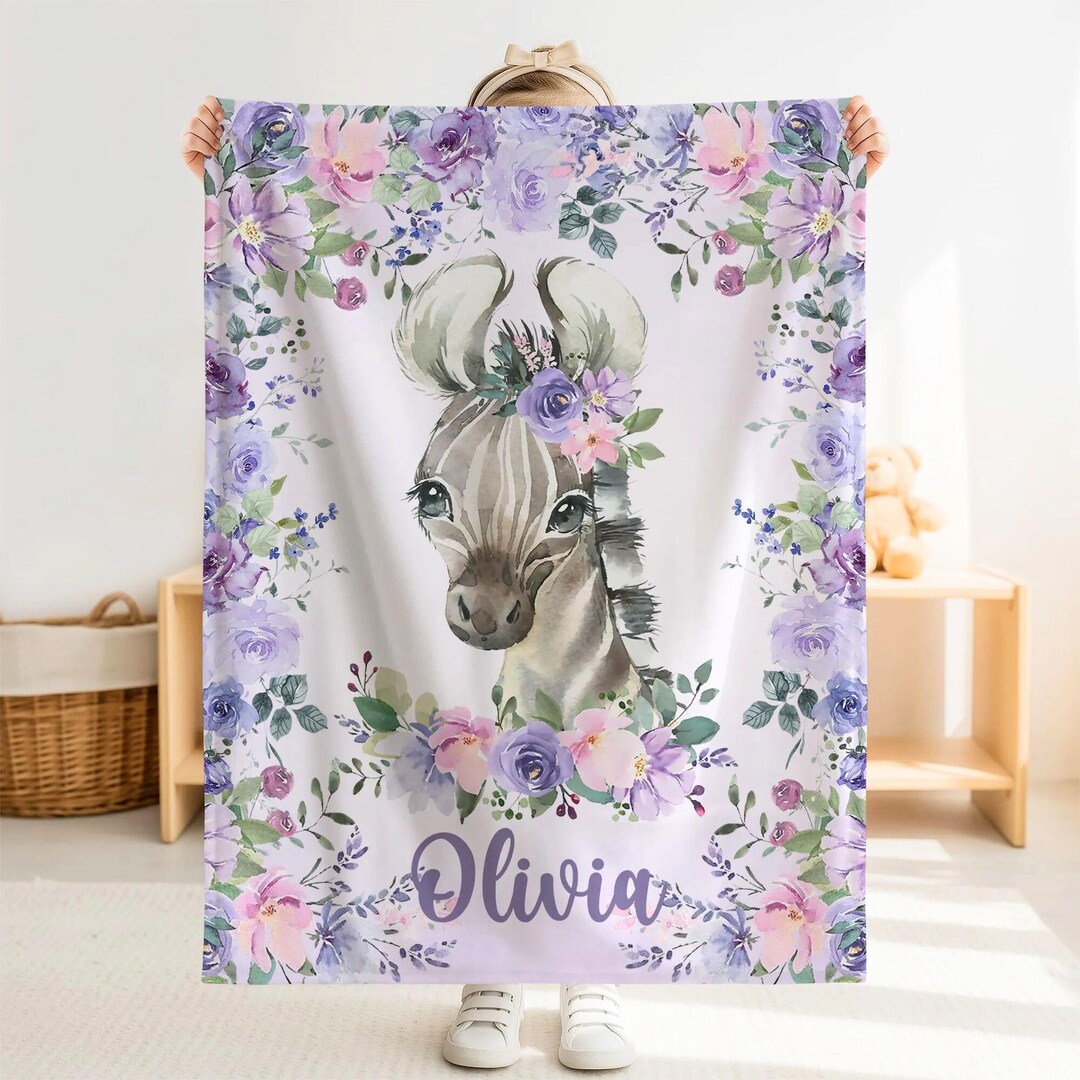 Zebra Baby Blanket, Safari Animal Custom Name Throw, Purple Rose Floral ...