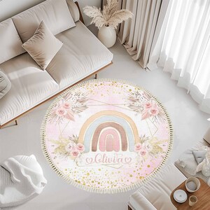 Boho Rainbow Round Rug, Personalized Floral Nursery Carpet, Spring Home ...