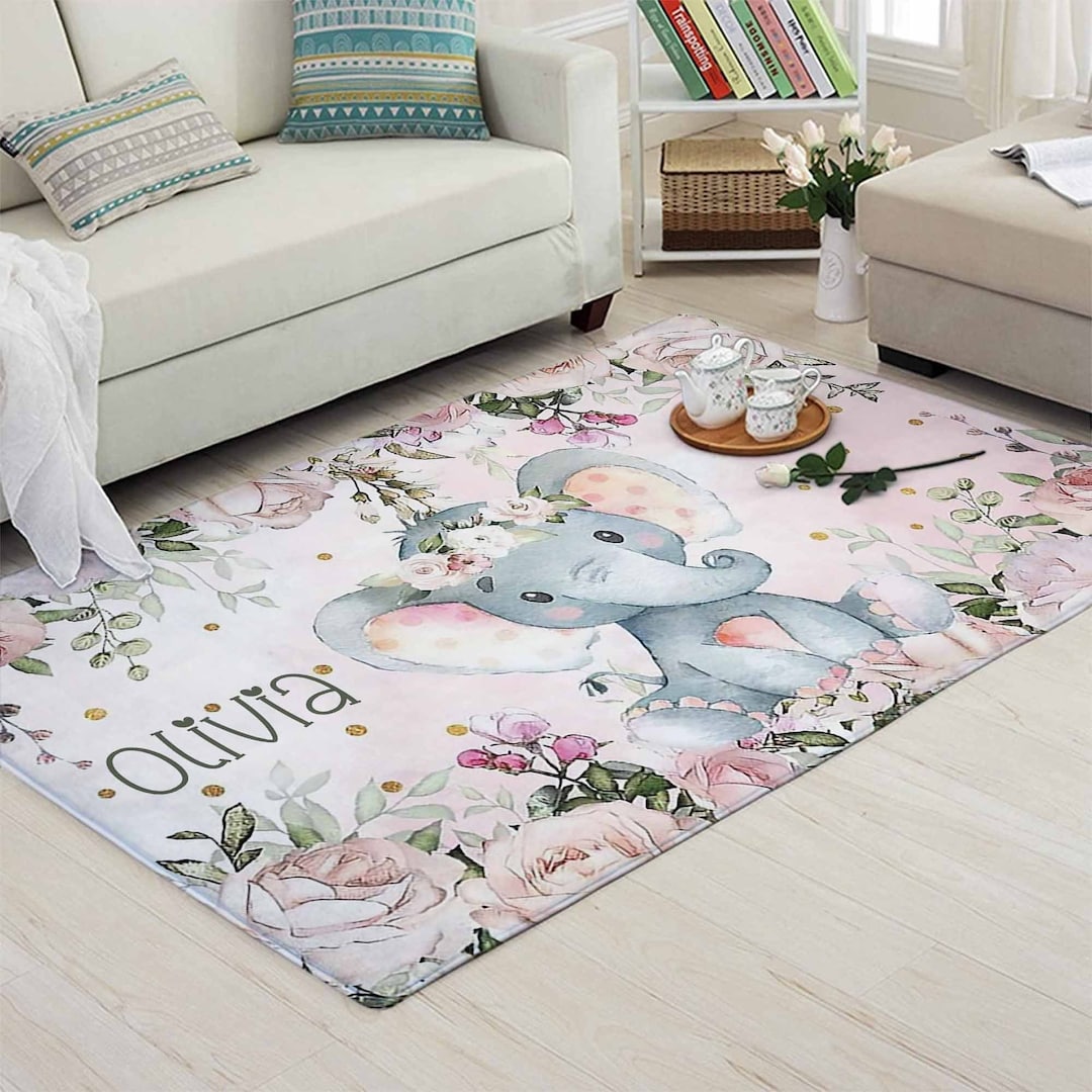 Baby Elephant Nursery Rug, Spring Floral Carpet, Custom Name Nursery ...