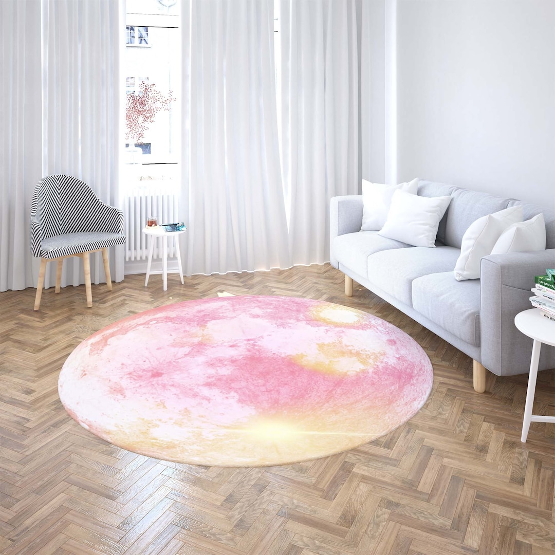 Pink Moon Round Rug, 3D Full Moon Carpet, Moon Phase Mat, Universe ...