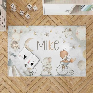 Safari Animals Circus Rug, Night Sky Nursery Carpet, Custom Name ...