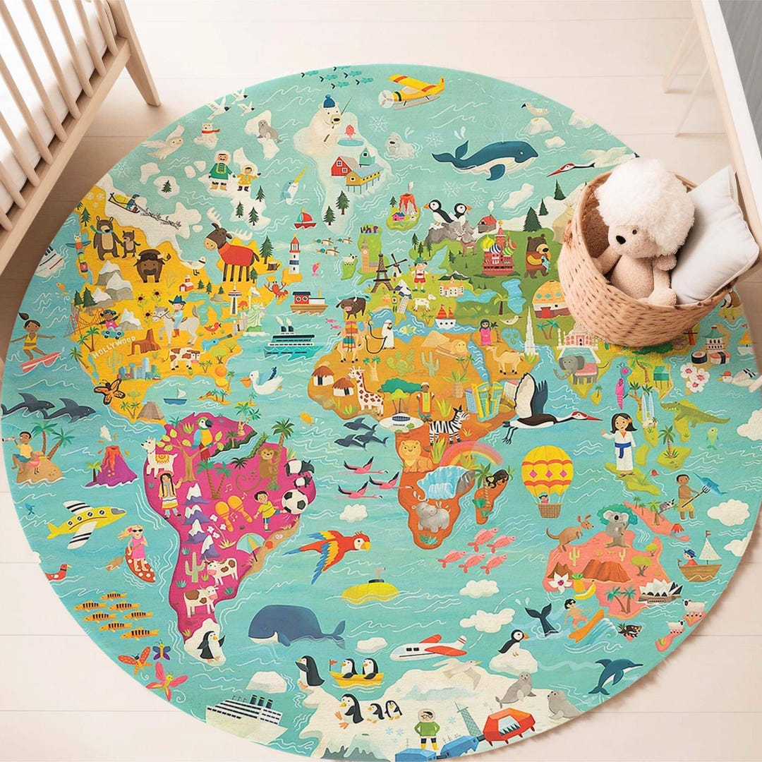 Global World Map Rug, Safari Animal Nursery Room Mat, Universe Earth ...