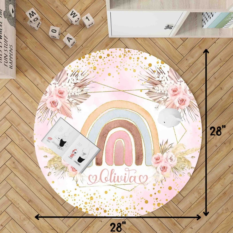 Boho Rainbow Round Rug Personalized Floral Nursery Carpet - Etsy