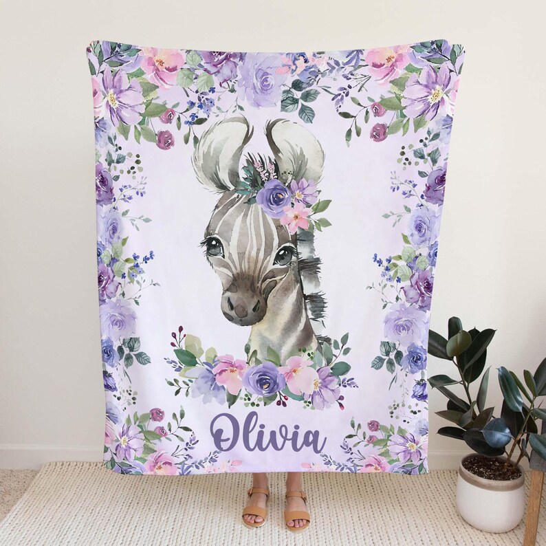 Zebra Baby Blanket, Safari Animal Custom Name Throw, Purple Rose Floral ...