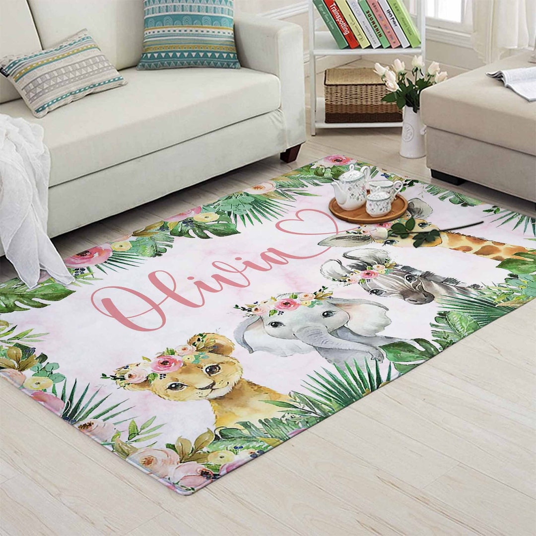 Floral Animals Nursery Rug, Tropical Jungle Carpet, Safari Animals Mat ...