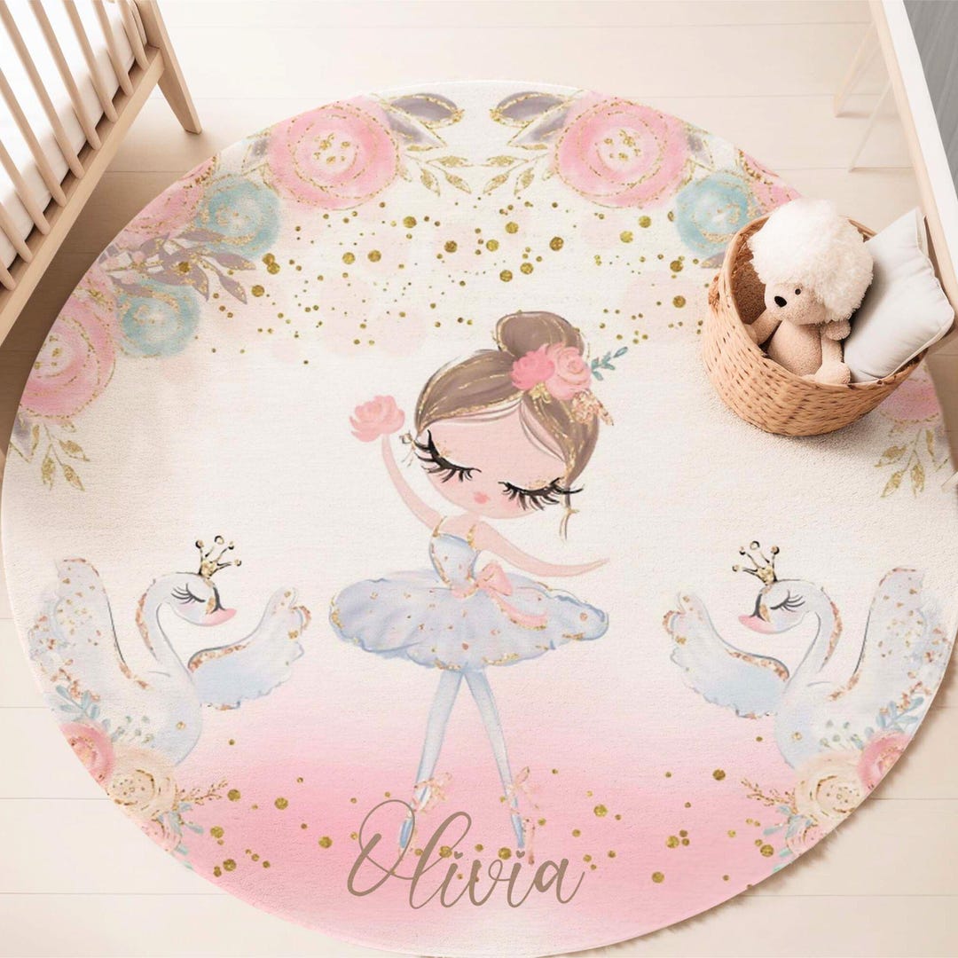 Pink Ballerina Girl Round Rug, Swan Lake Dance Nursery Carpet ...