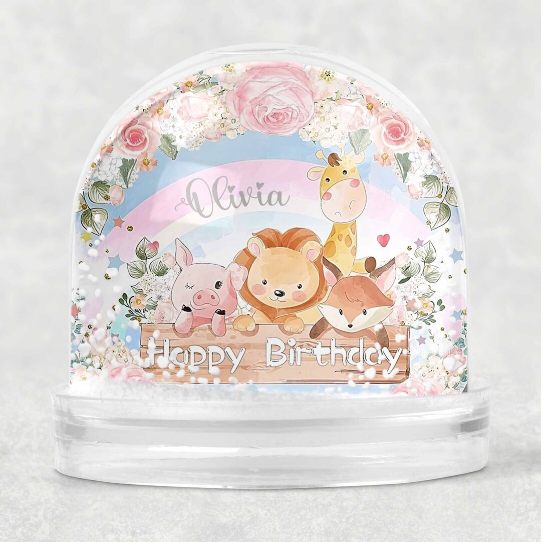 Happy Birthday Floral Safari Animals Snow Globe, Nursery Decor for Kids ...