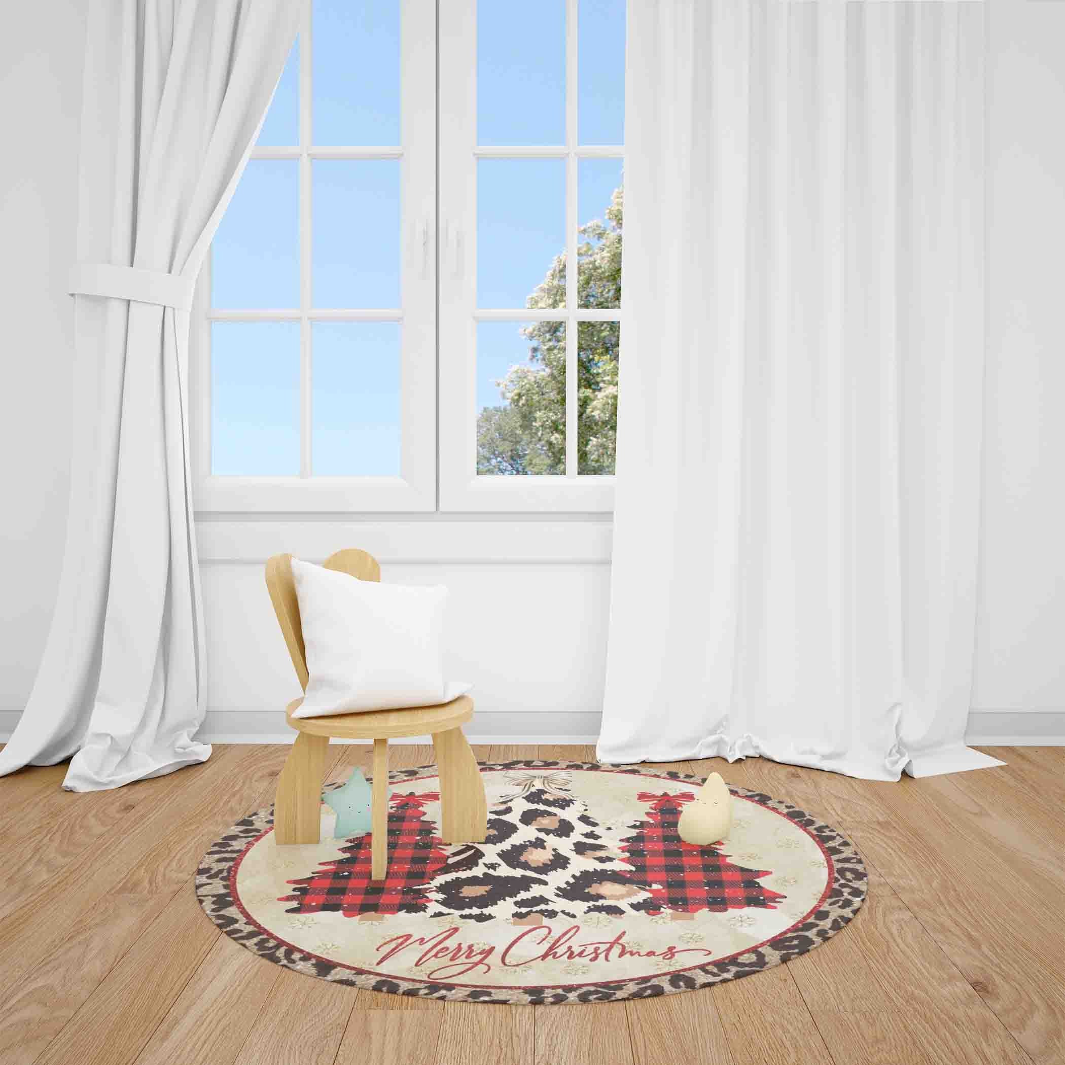 Merry Christmas Round Rug, Leopard Christmas Tree Carpet, Xmas Home ...