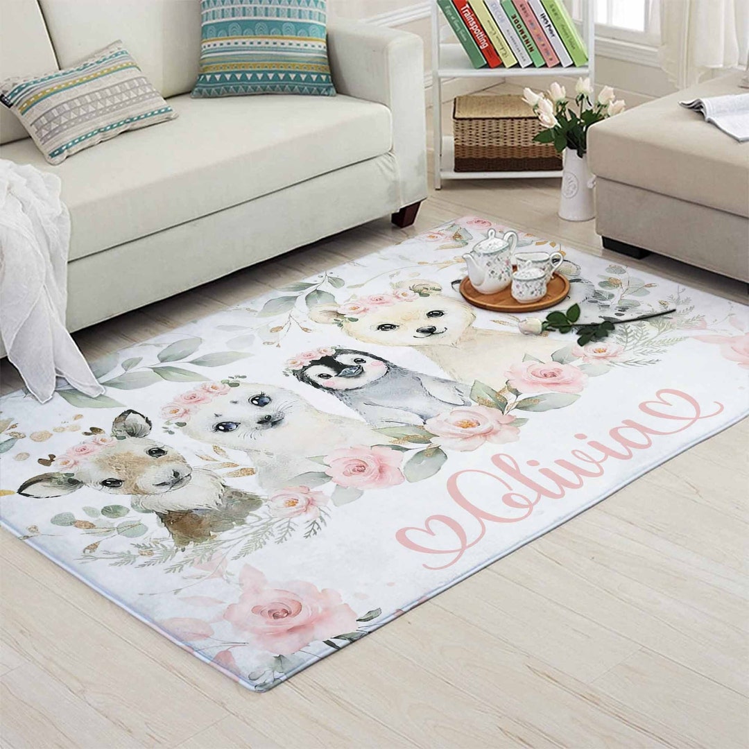Arctic Animals Nursery Rug Winter Animal Carpet Custom Name Nursery Mat ...