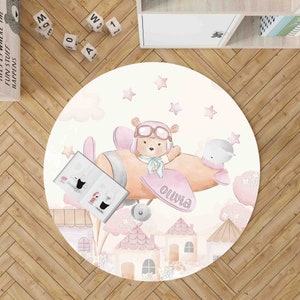 Little Aviator Rug Baby Girl Room Decor Flying Airplane Round Carpet ...
