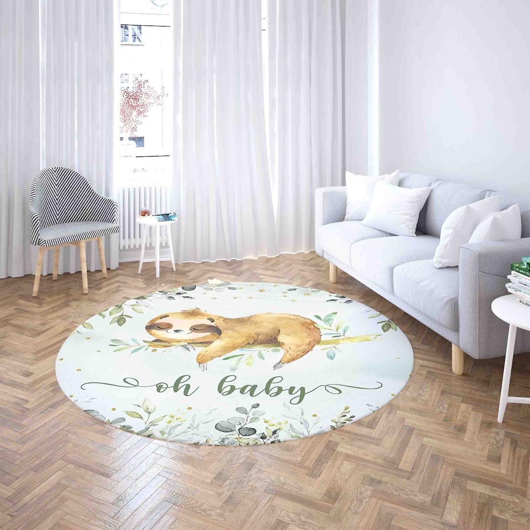 Oh Baby Sloth Round Rug, Sleeping Sloth Nursery Mat, Safari Animal ...