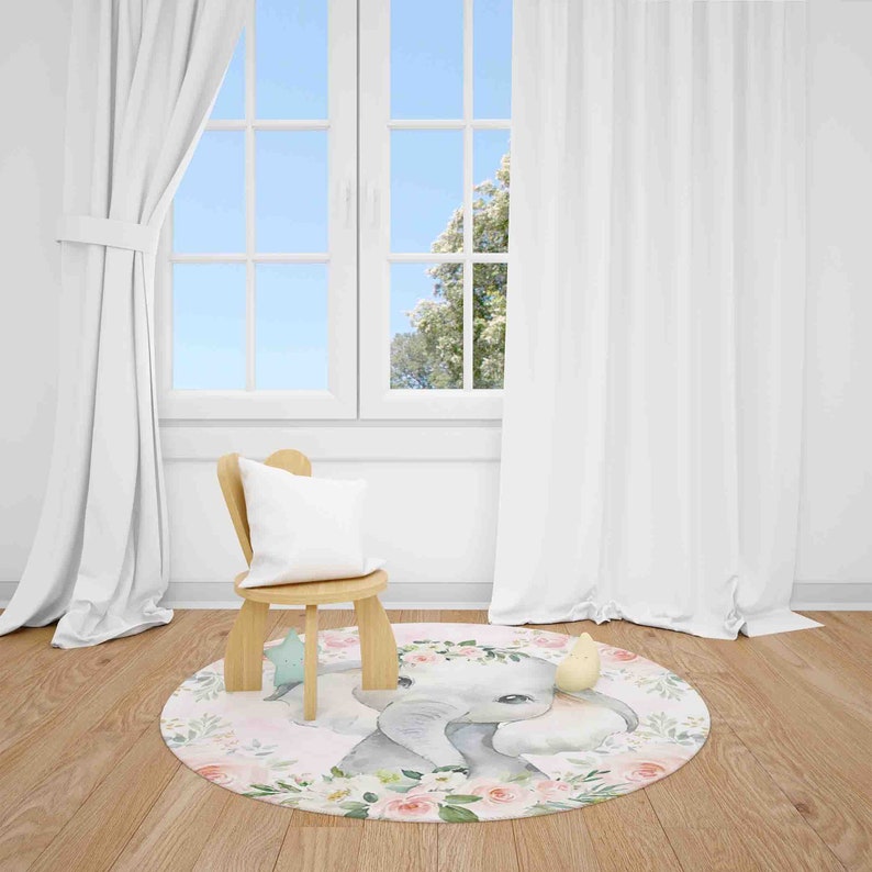 Baby Elephant Round Rug Safari Animals Nursery Carpet Roses - Etsy