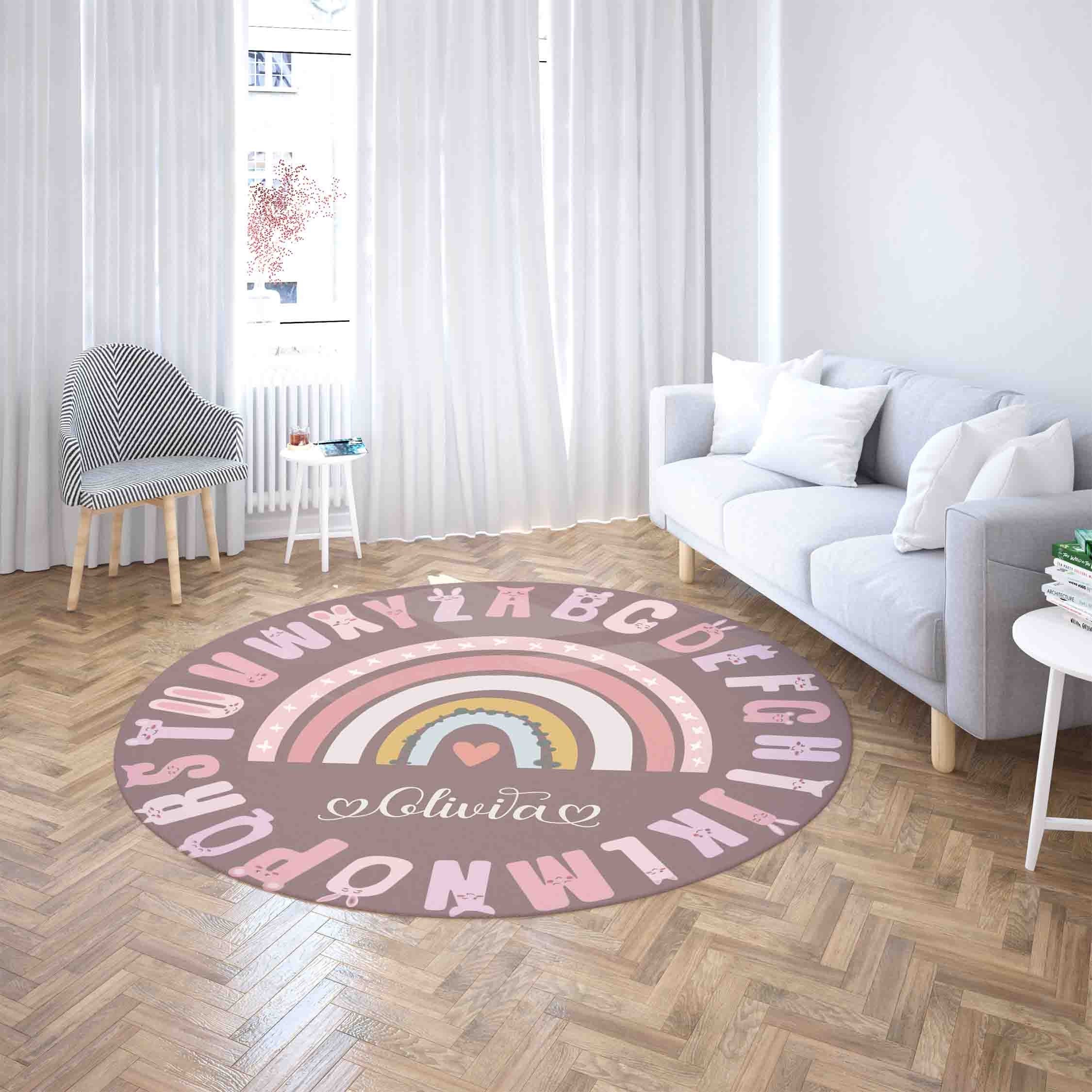 ABC Alphabet Round Rug, Bunny Letters Nursery Carpet, Boho Rainbow Home ...