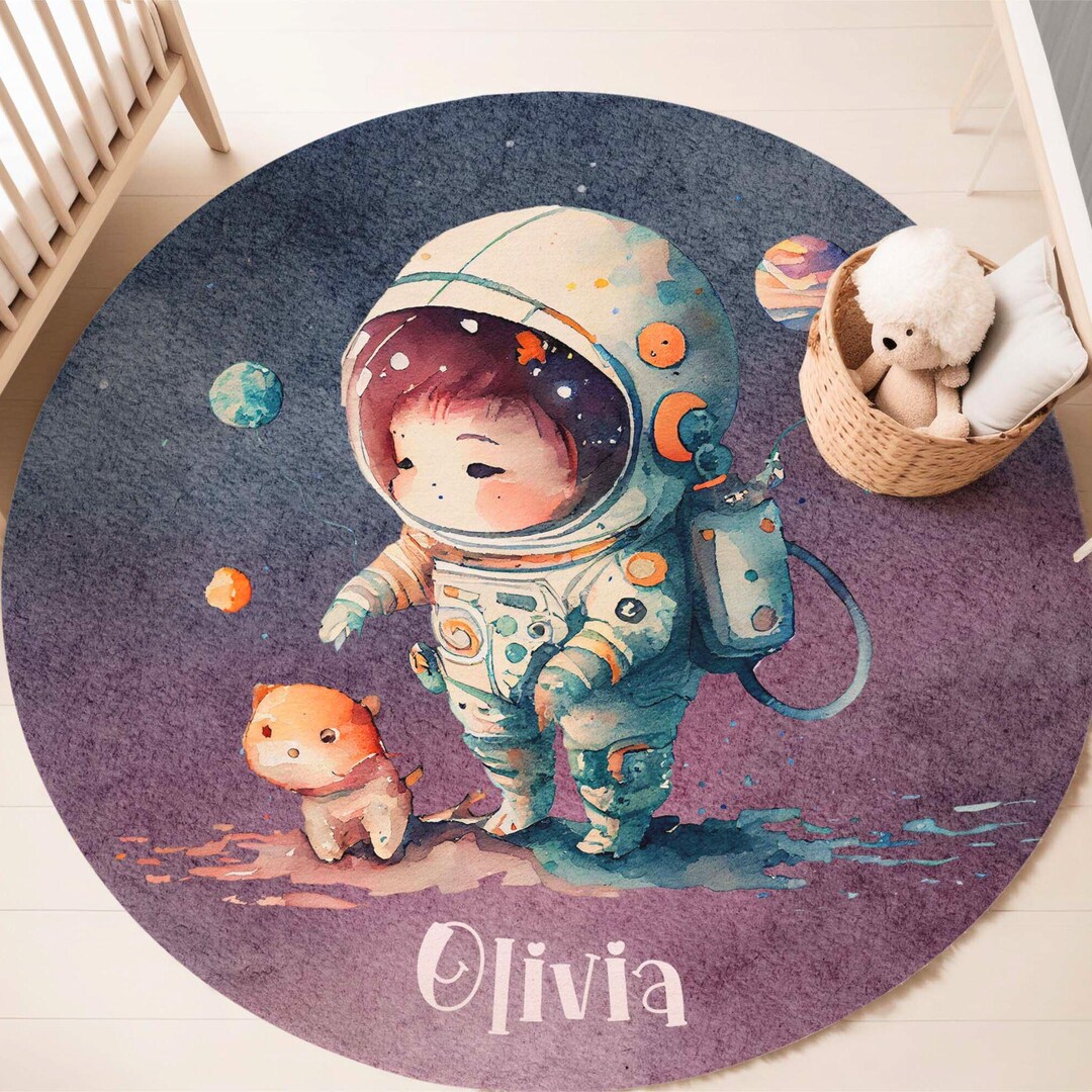 Little Astronaut Rug, Universe Galaxy Round Carpet, Custom Name Nursery ...