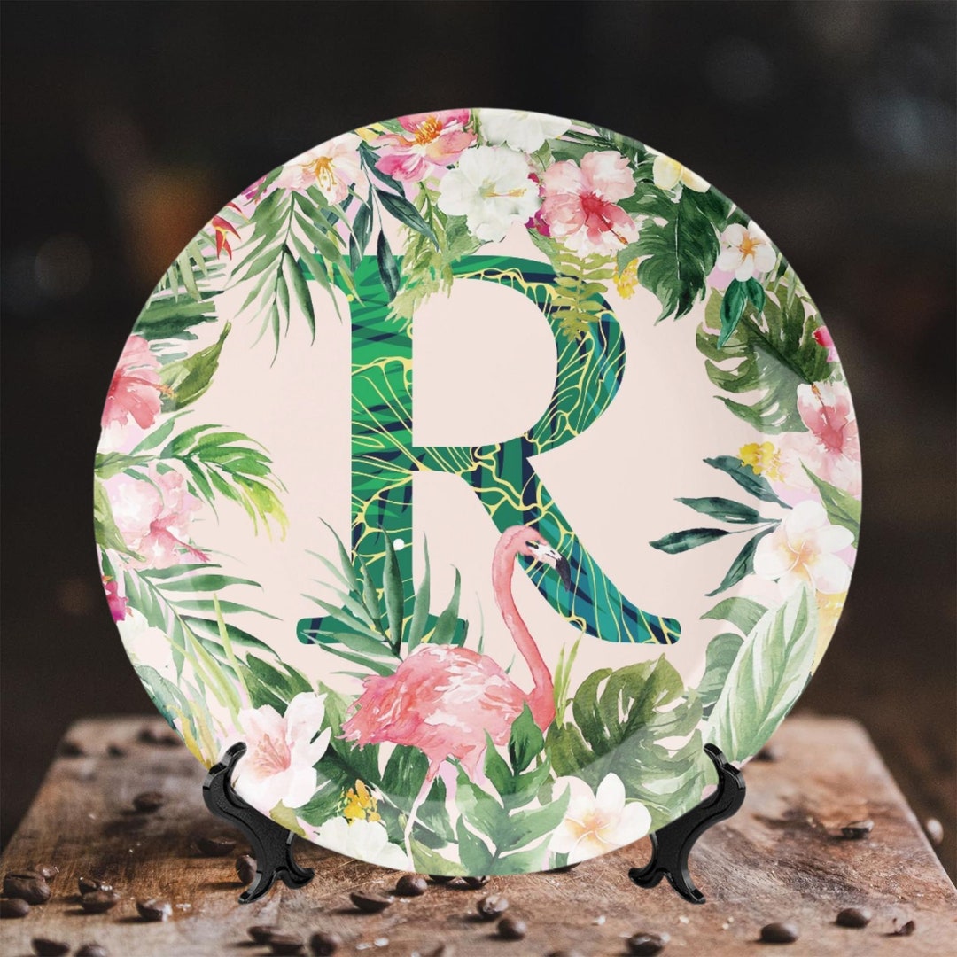 Personalized Alphabet Ceramic Plate, Tropical Flamingo Decor, Baby ...