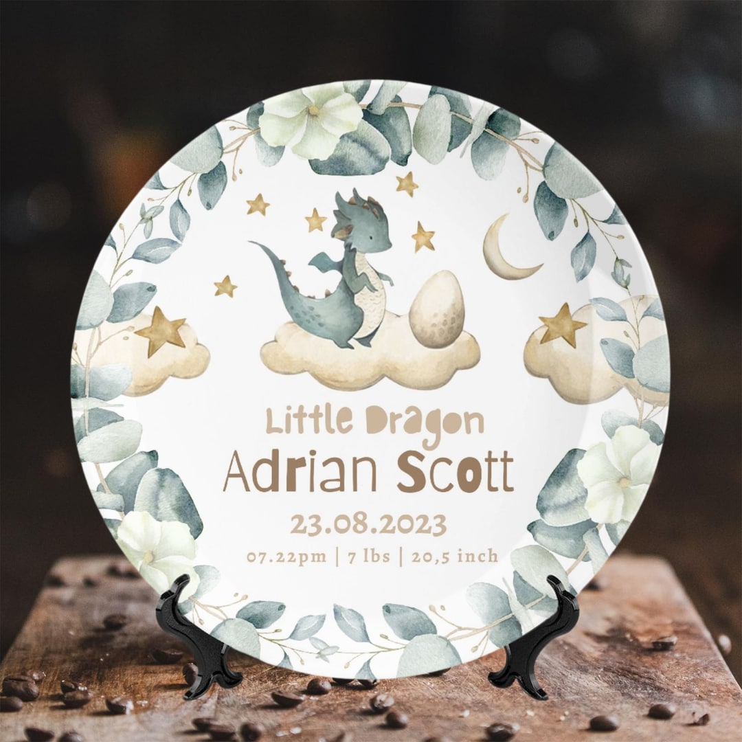 Dragon Birth Stat Sign Baby Announcement Customized Plate Floral Animal ...