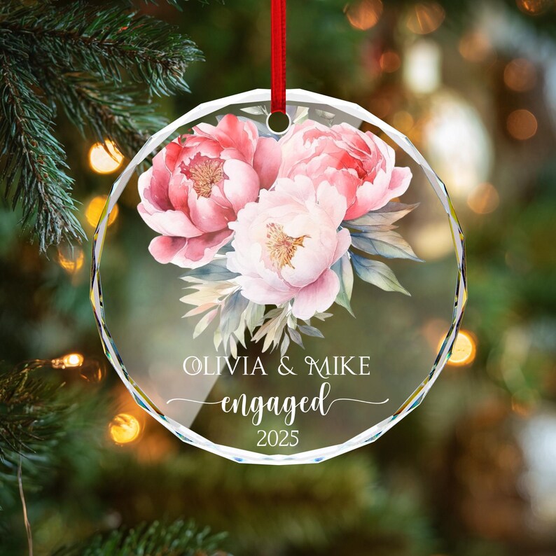 Personalized Peony Engagement Ornament, First Christmas Engaged ...