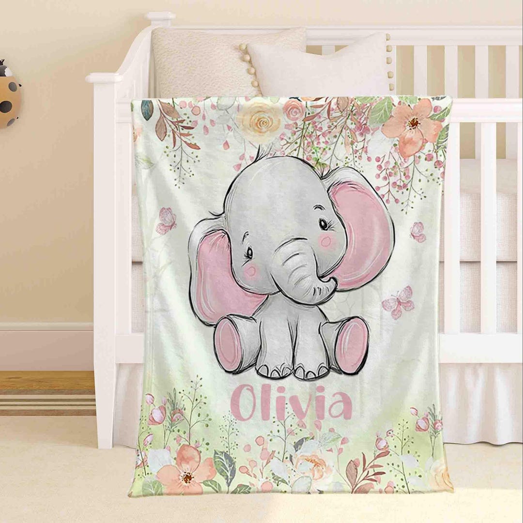 Baby Elephant Baby Blanket Personalized Animals Nursery Blanket Flowers ...