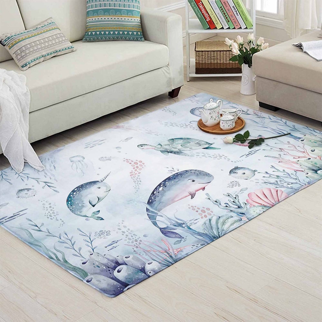 Ocean Whale Nursery Rug Narwhal Baby Room Decor Underwater World Carpet ...