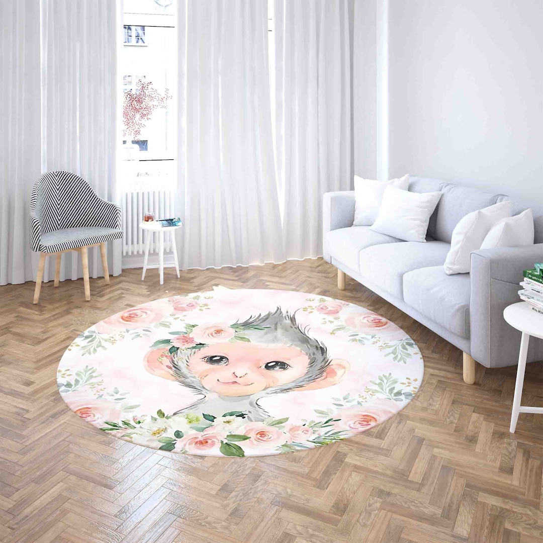 Baby Monkey Nursery Rug, Safari Animals Round Carpet, Roses Baby Room ...