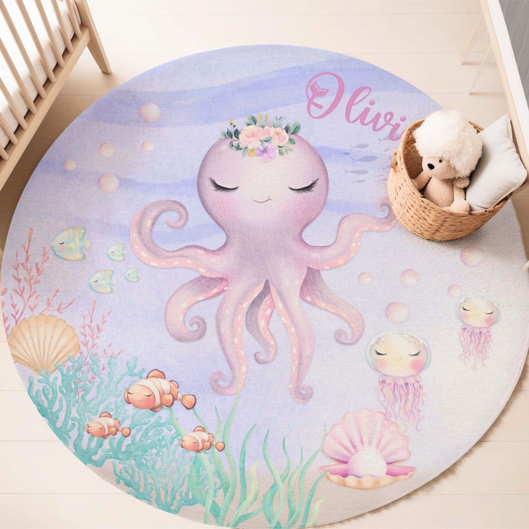 Sea Octopus Rug Under the Sea Round Rug Ocean Nursery Mat Kids Playroom ...