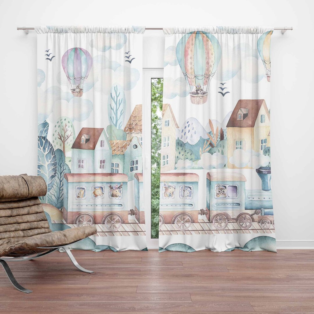 Train Nursery Curtains Hot Air Balloon Kids Bedroom Curtains Black Out ...