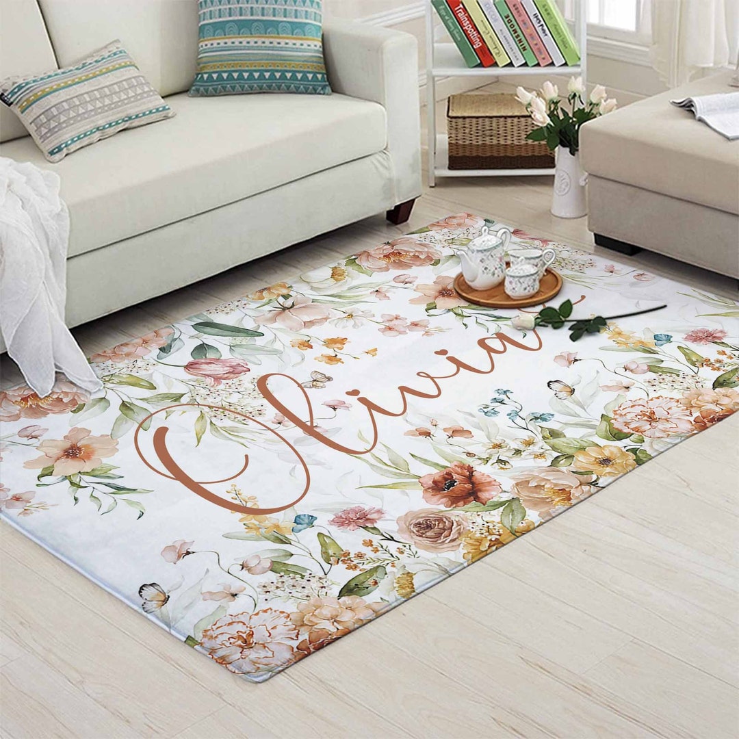 Floral Nursery Rug, Watercolor Flowers, Custom Name Baby Room Mat - Etsy