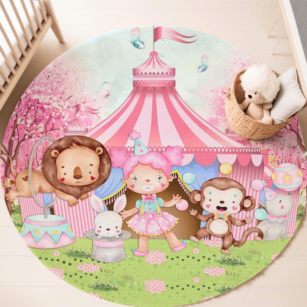 Circus Nursery Rug Little Clown Round Mat Animals Round Playmat ...