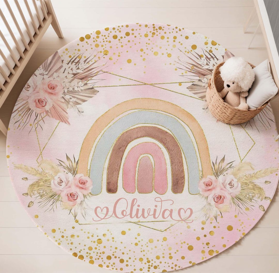 Boho Rainbow Round Rug, Personalized Floral Nursery Carpet, Spring Home ...