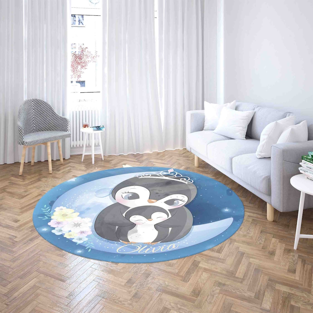 Mom and Baby Penguin Round Rug, Custom Name Nursery Carpet, Moon Night ...