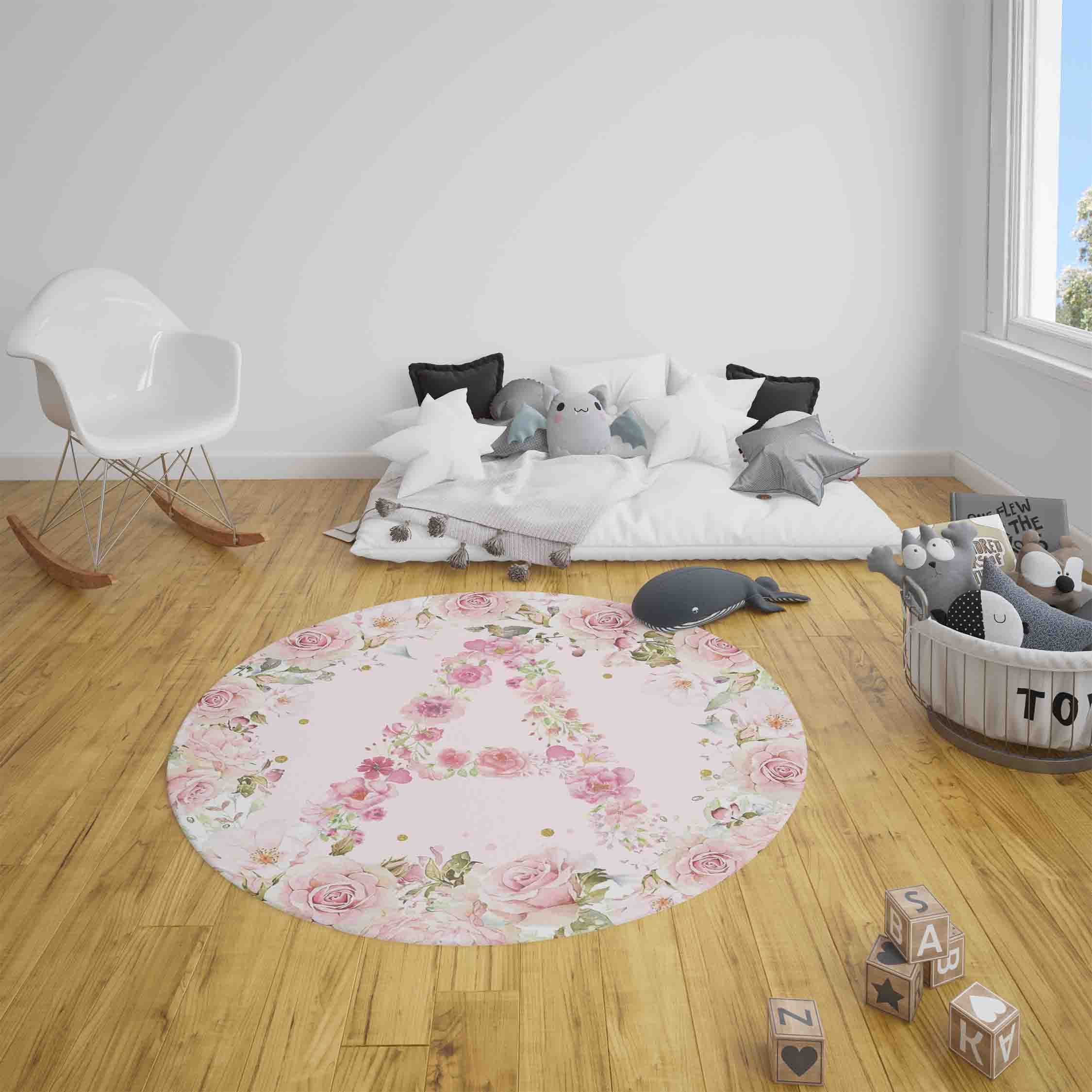 Custom Floral Letter Round Rug Rose Flower Alphabet Nursery - Etsy