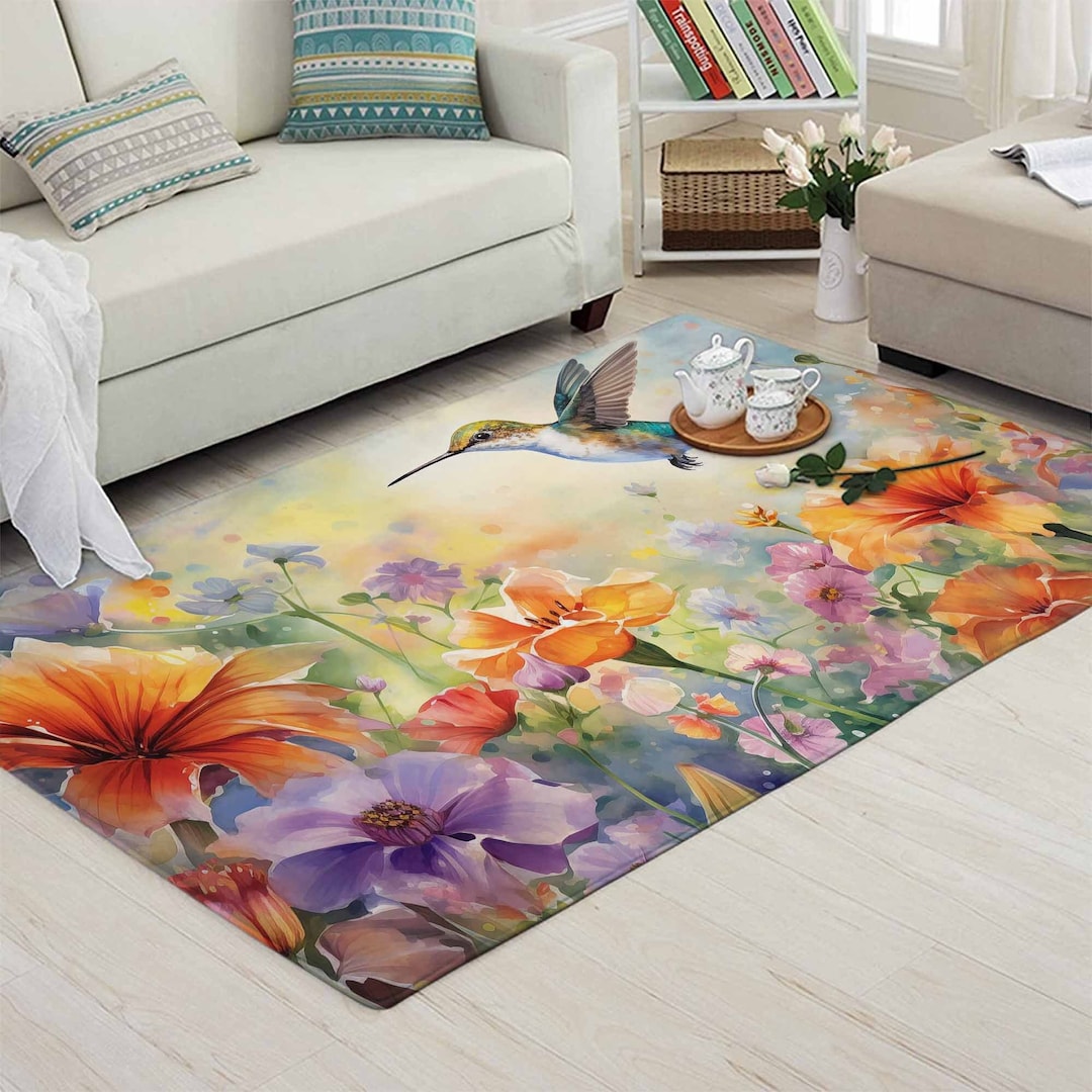 Hummingbird Rug Floral Area Carpet Bird Animals Botanical Mat Spring ...