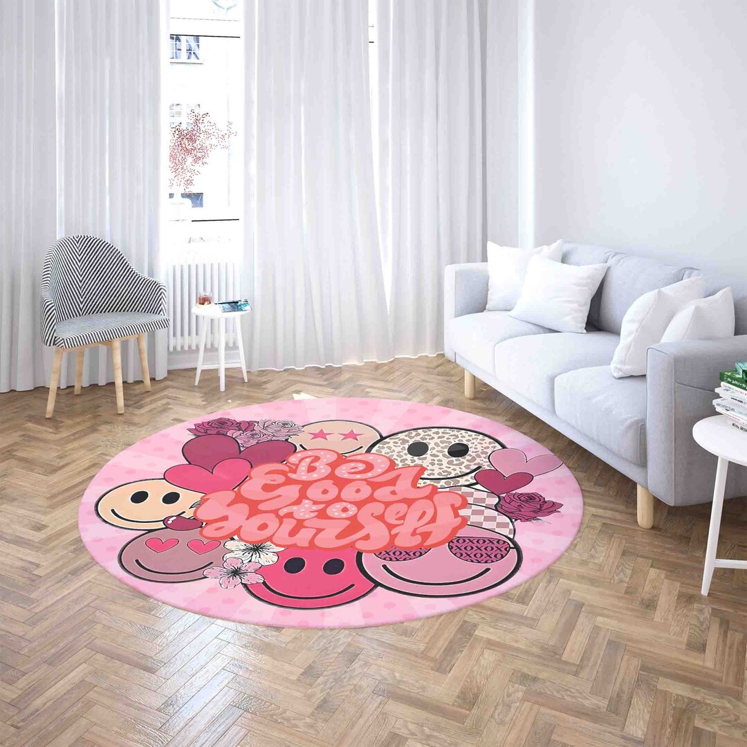 Self Love Round Carpet, Happy Face Rug, Smile Face Area Mat, Retro ...