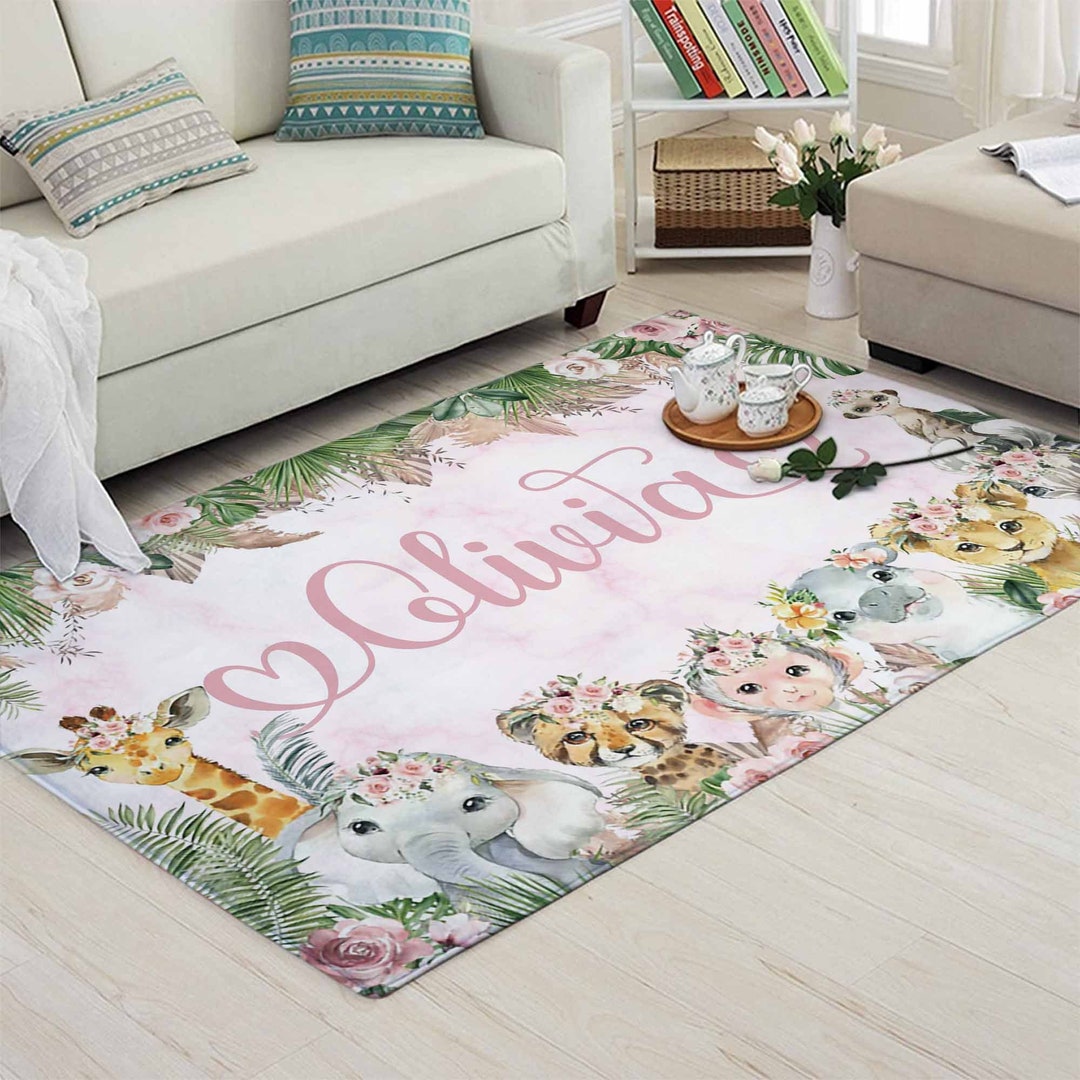 Safari Animals Mat, Floral Animals Nursery Rug, Tropical Jungle Carpet ...