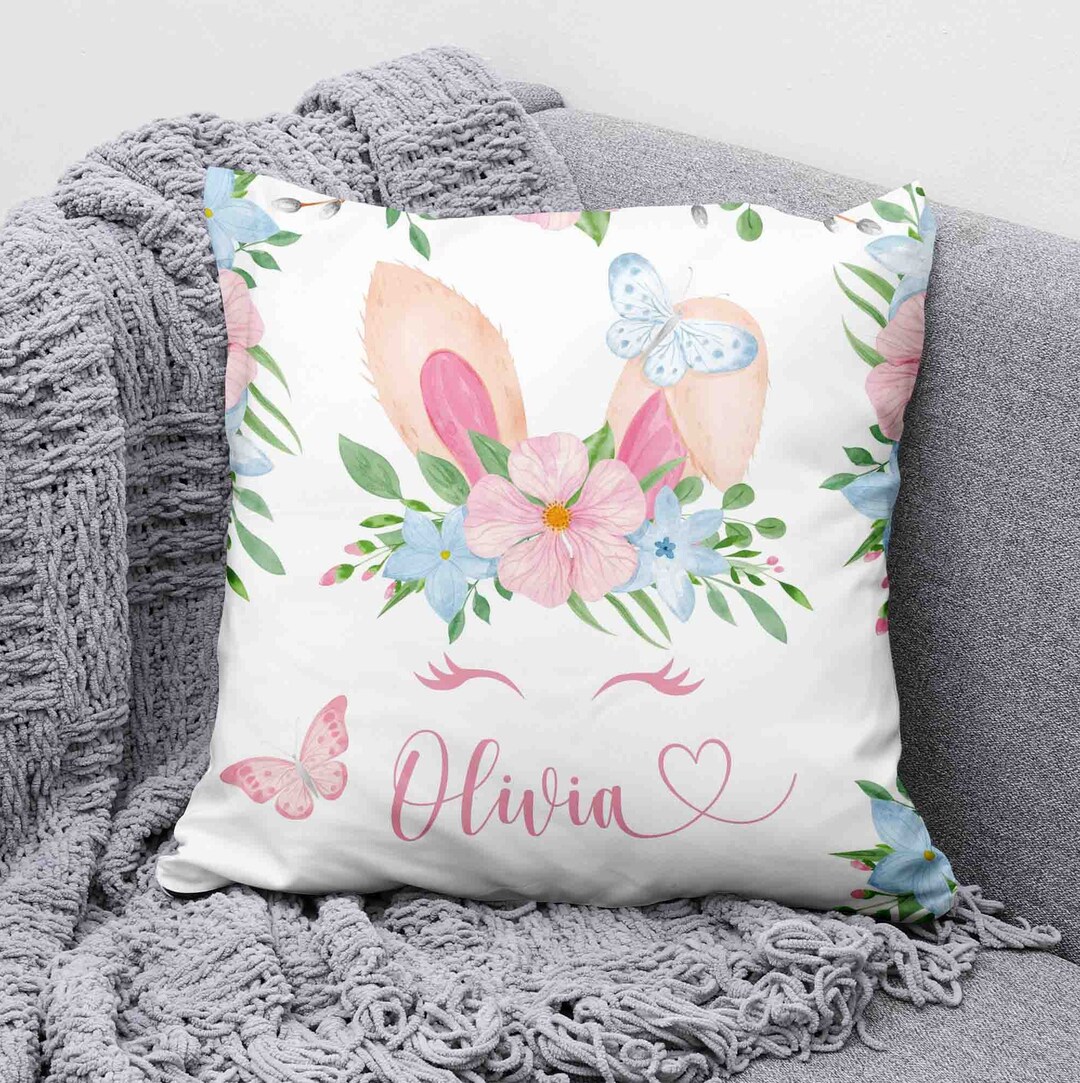 Bunny Face Pillow, Baby Rabbit Cushion, Spring Floral Nursery Pillow ...