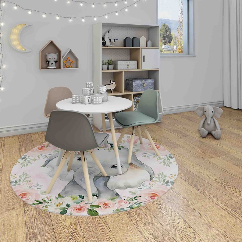 Baby Elephant Round Rug Safari Animals Nursery Carpet Roses - Etsy