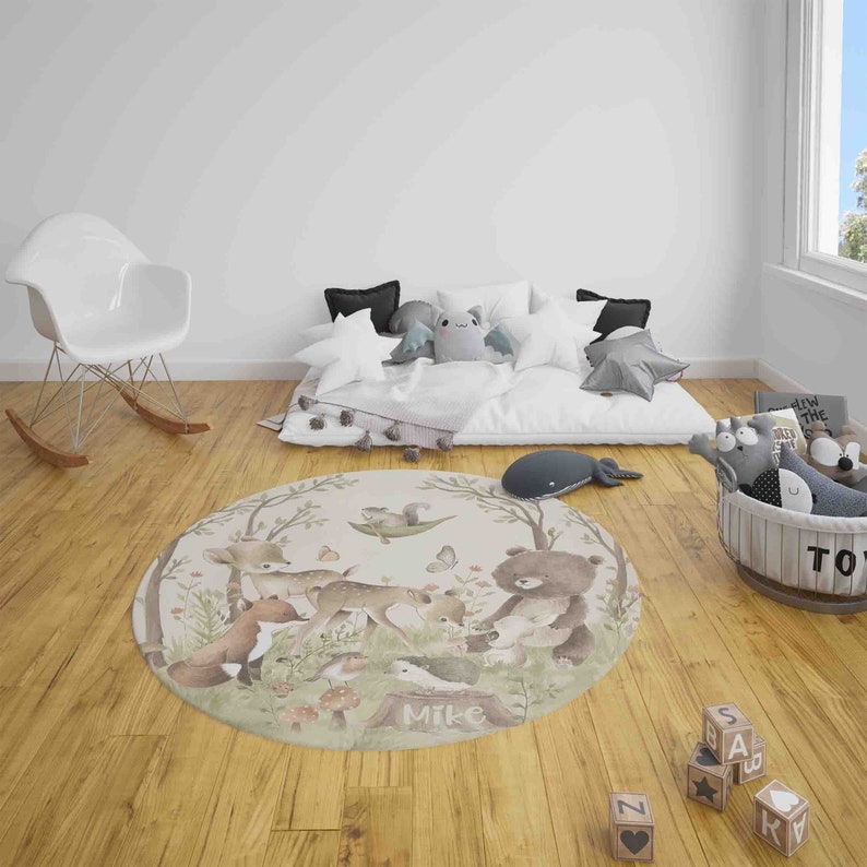 Woodland Animals Nursery Rug Forest Animal Carpet Custom Name Round Mat ...