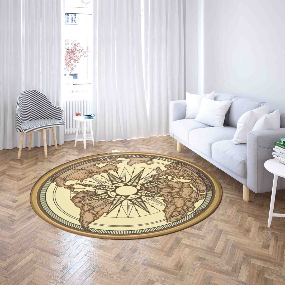 World Map Compass Round Rug, Travel Lover Gift, Adventurer Home Decor ...