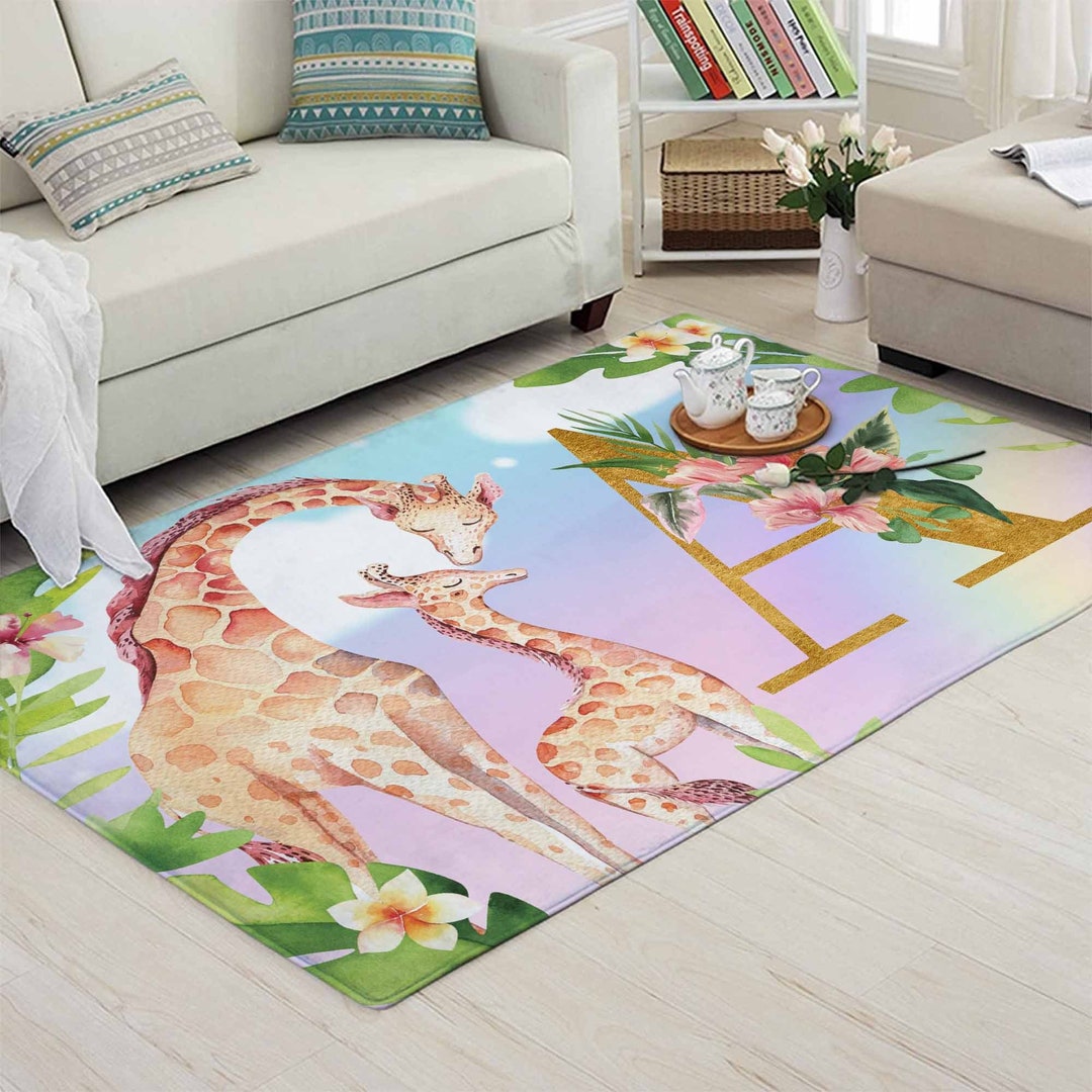 Mom and Baby Giraffe Nursery Rug, Safari Animals Mat, Tropical Jungle ...