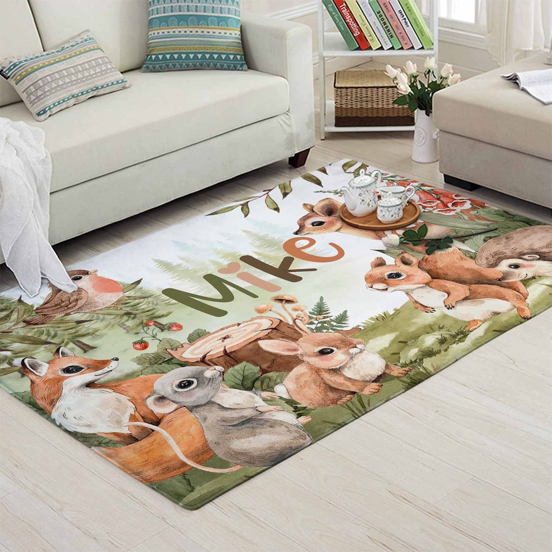 Woodland Animals Nursery Rug Forest Animal Carpet Custom Name Nursery ...
