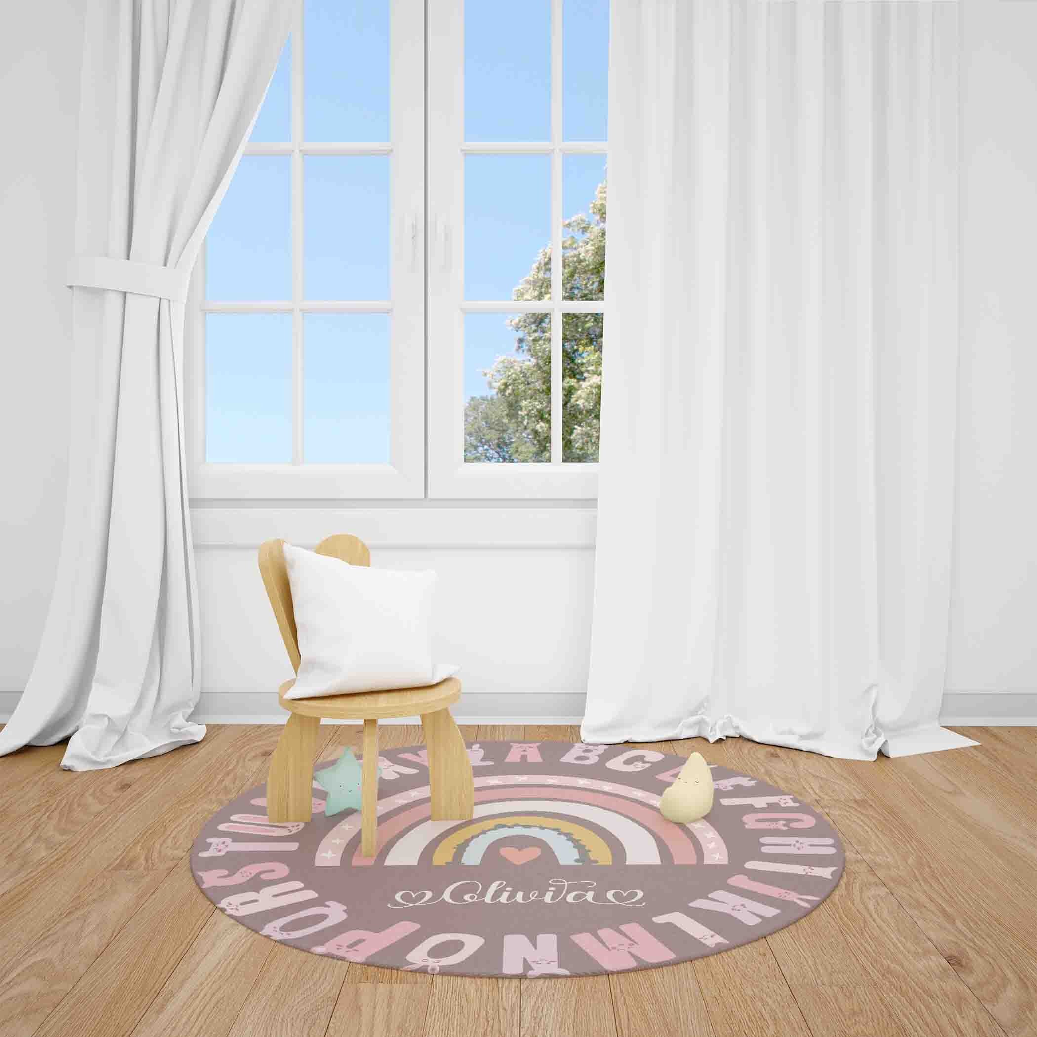 ABC Alphabet Round Rug, Bunny Letters Nursery Carpet, Boho Rainbow Home ...