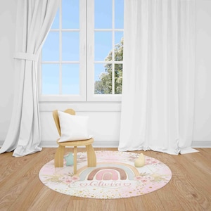 Boho Rainbow Round Rug, Personalized Floral Nursery Carpet, Spring Home ...