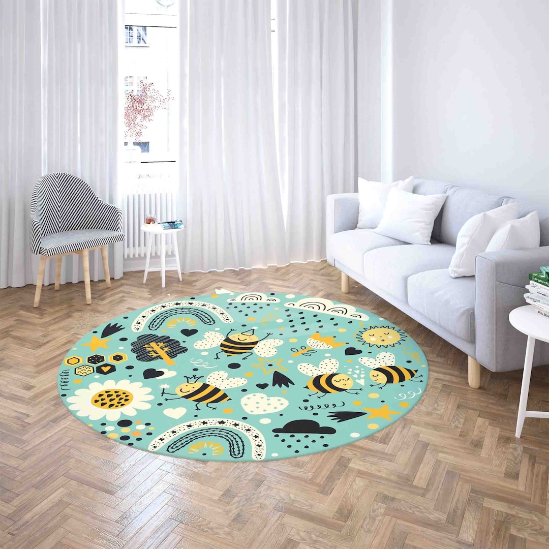 Honey Bees Round Rug, Boho Rainbow Carpet, Spring Daisy Floral Home ...