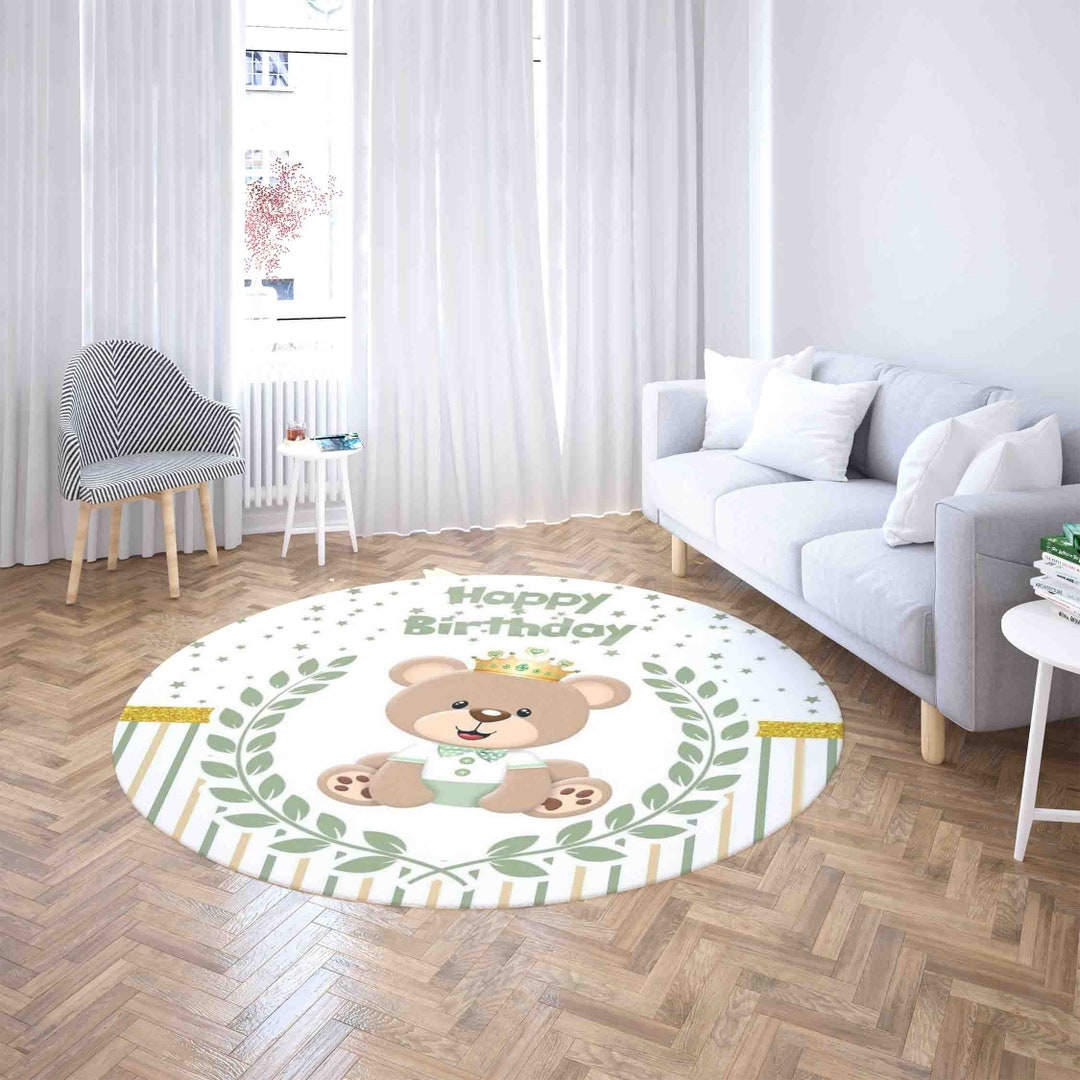 Happy Birthday Round Rug, Teddy Bear Birthday Party Mat, Home Decor ...