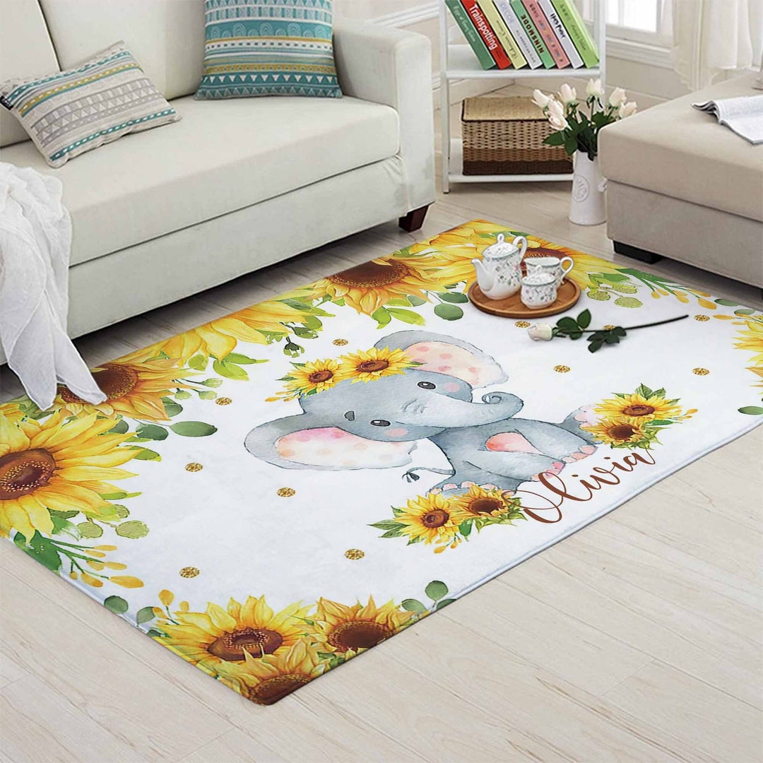 Baby Elephant Nursery Rug, Sunflower Animal Carpet, Custom Nursery Mat ...