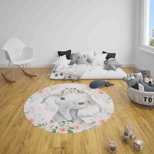 Baby Elephant Round Rug, Safari Animals Nursery Carpet, Roses Baby Room ...
