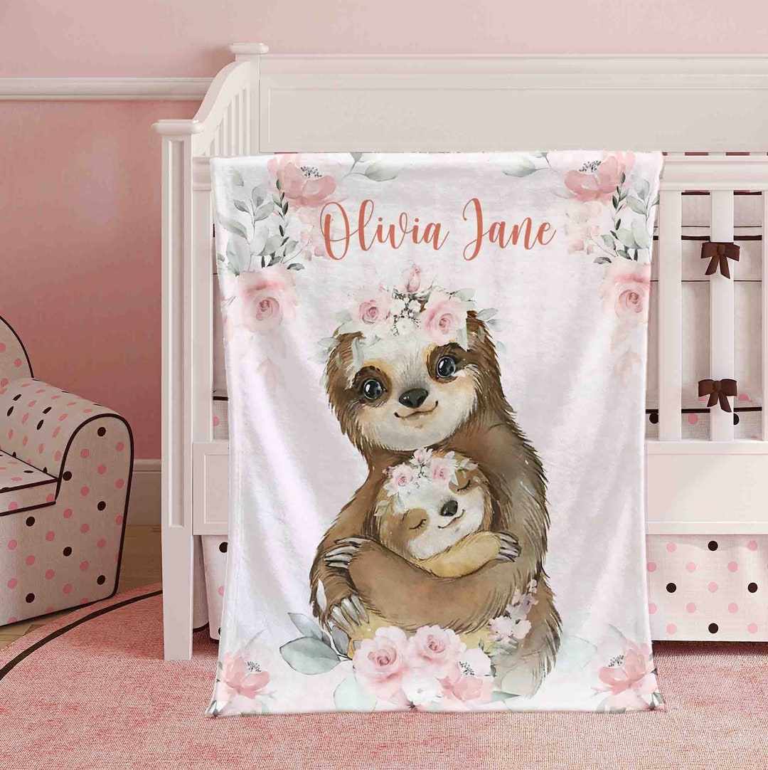 Mom and Baby Sloth Nursery Blanket, Personalized Floral Sloth Blanket ...